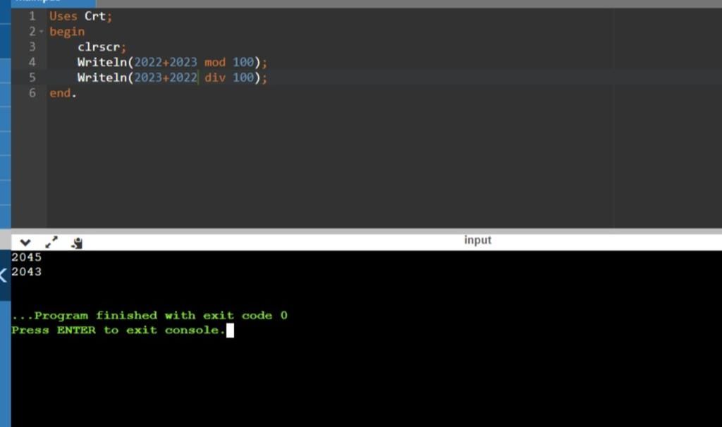 Cho biết kết quả của các phép toán sau trong pascal: a) 2022+2023 mod 100 b) 2023+ 2022 div 100 ...