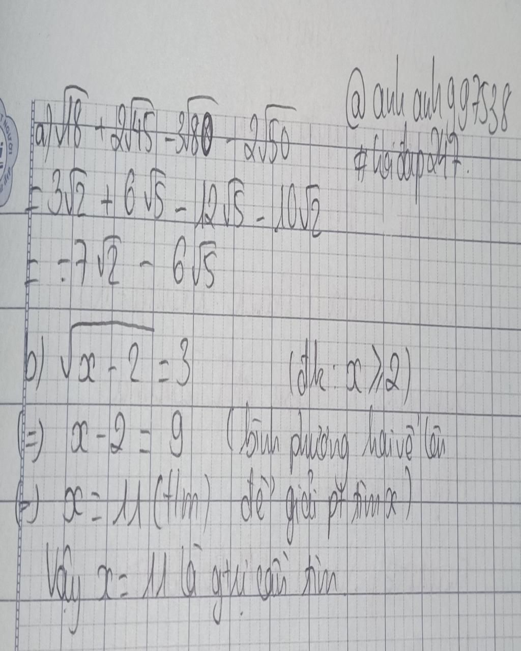 a, thực hiện phép tính $\sqrt[]{18}$ + 2$\sqrt[]{45}$ - 3 $\sqrt[]{80 ...