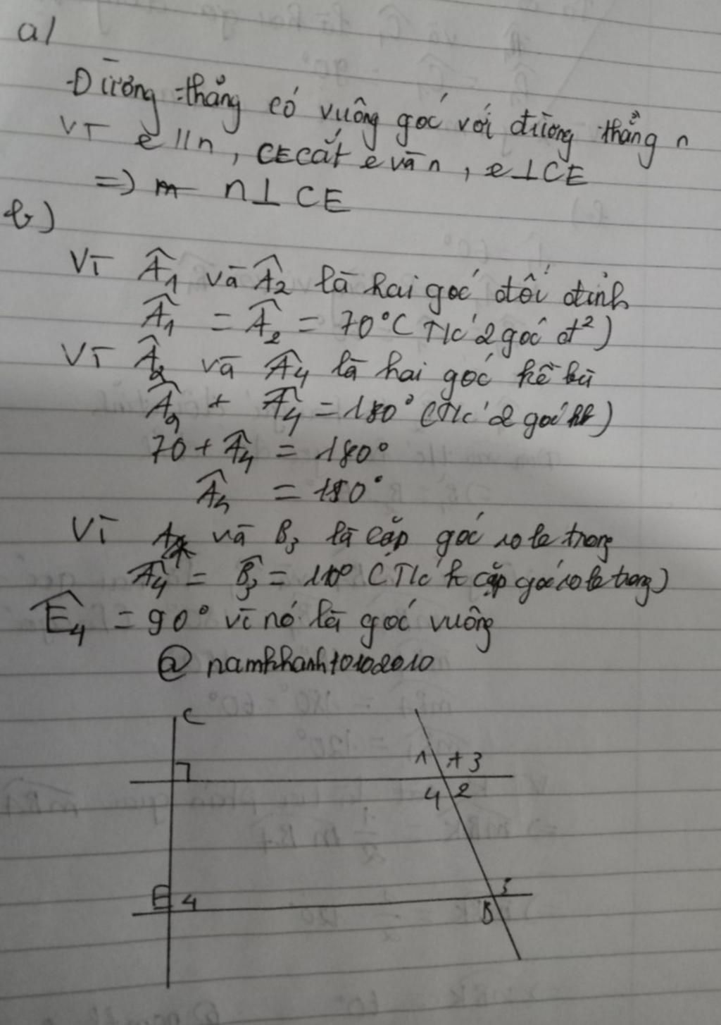 Bài 7. (2đ) Cho hình bên, biết CE 1 e, e // n, A1 = 70. a/ Đường thẳng ...