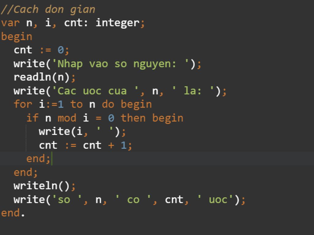 Viết chương trình pascal nhập vào một số nguyên. In ra màn hình các ước ...