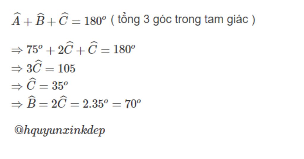 Cho Tam giác ABC có góc A = 75°. B=2^C . Số đo của góc B là? câu hỏi ...