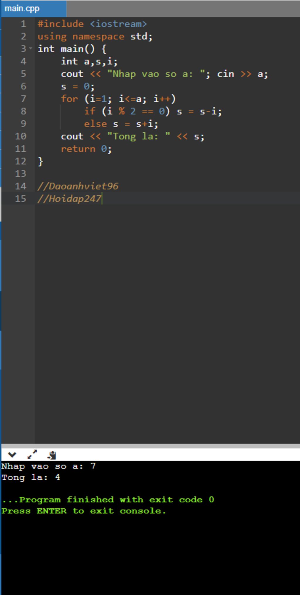 CÁC BẠN GIÚP MÌNH CHUYỂN CODE NÀY SANG C++ VỚI Ạ uses crt; var a:integer; s,i:byte; begin clrscr ...