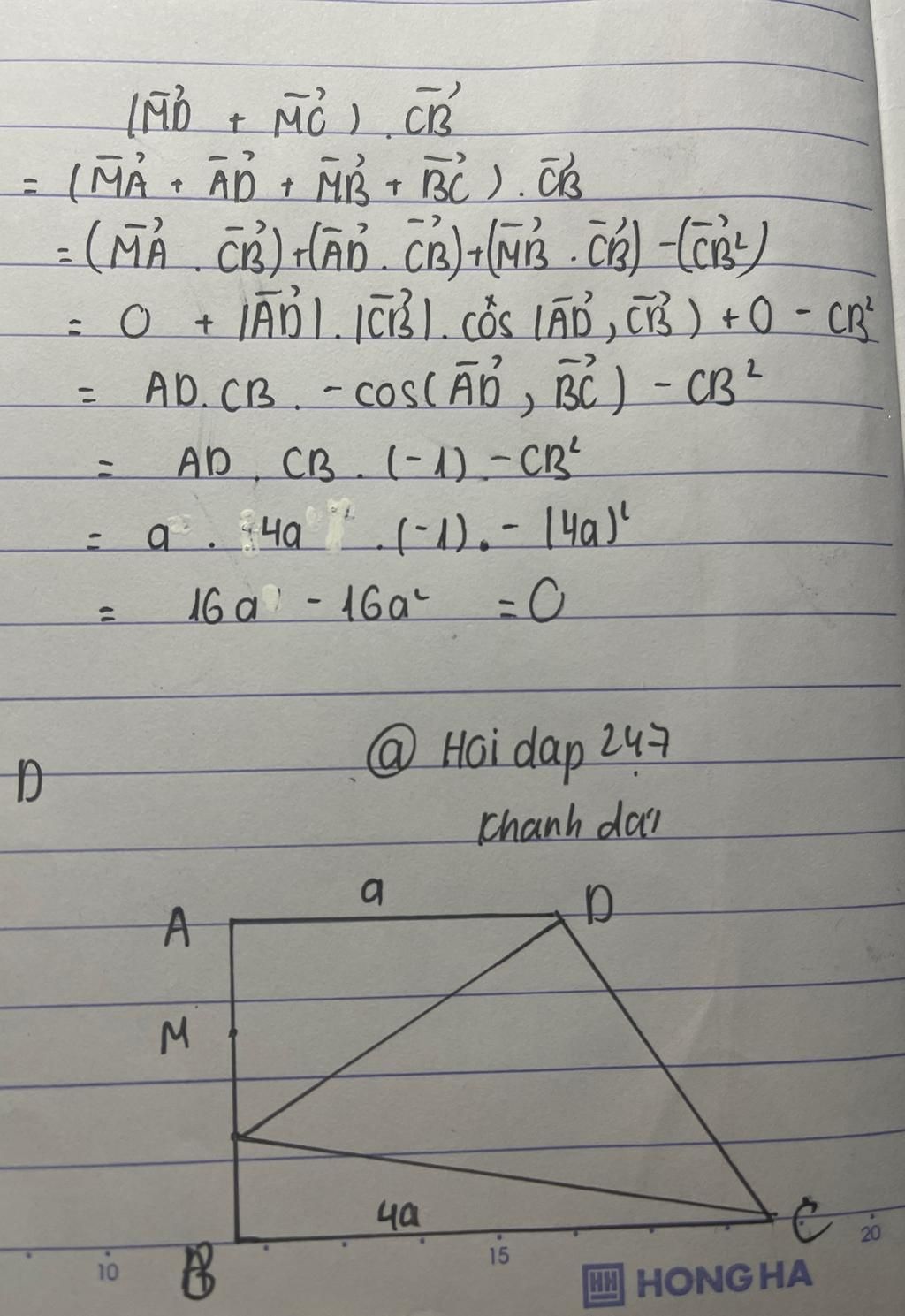 Cho tam hình thang ABCD vuông tại A và B, AB =3a, BC=4a, AD=a. Gọi M là ...