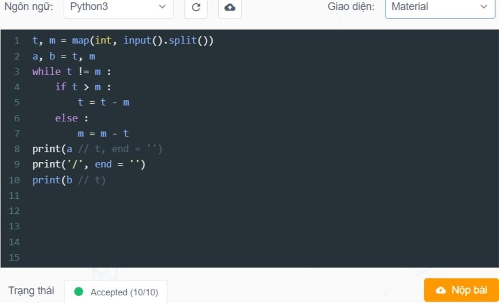 Code mẫu viết chương trình rút gọn phân số bằng Python