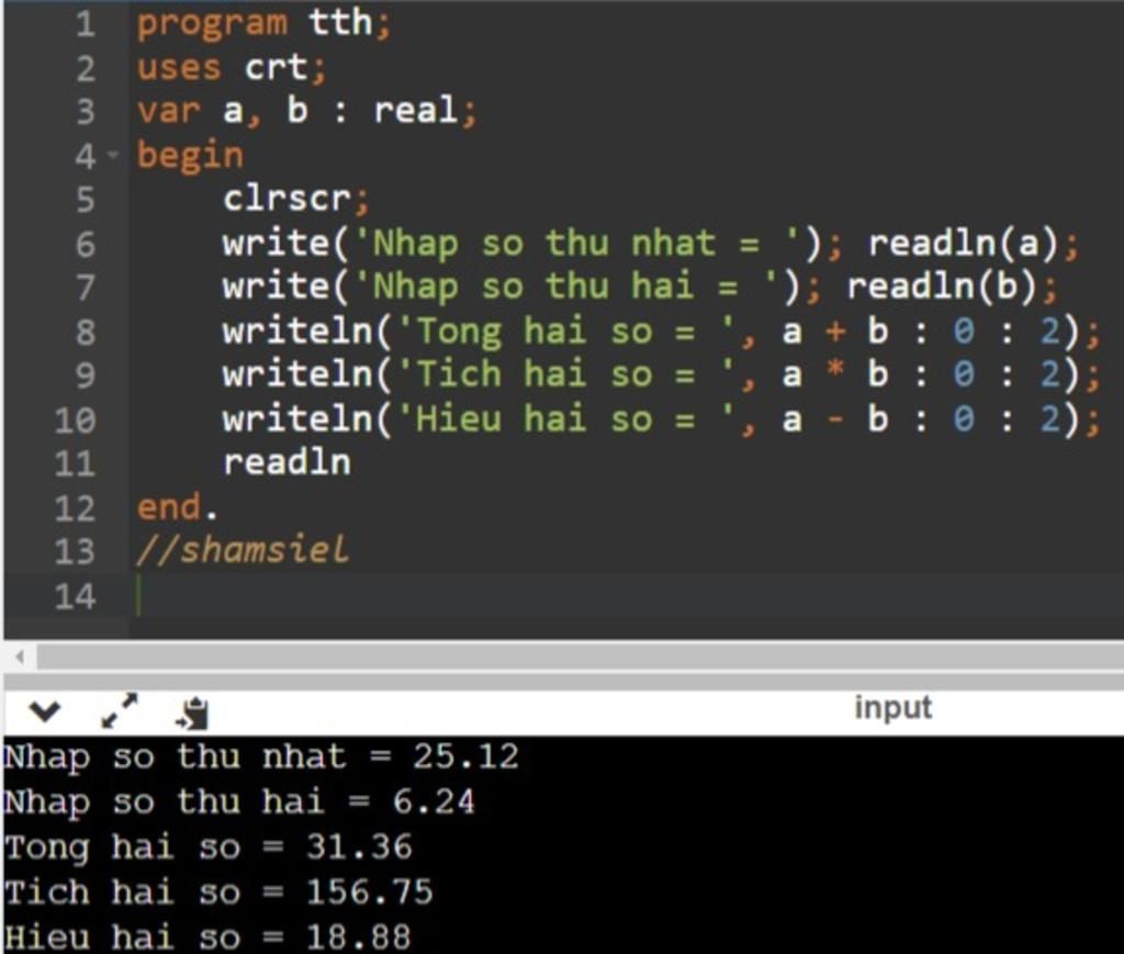 viết chương trình và in ra màn hình c) tổng, tích và hiệu của 2 số đc ...