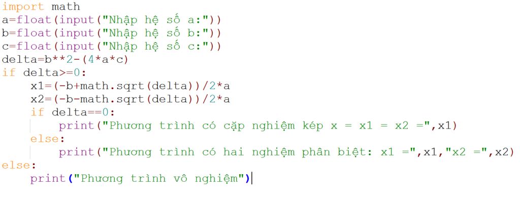 Viết chương trình Python giải phương trình ax ² +bx+c=0 ( a khác 0 ...