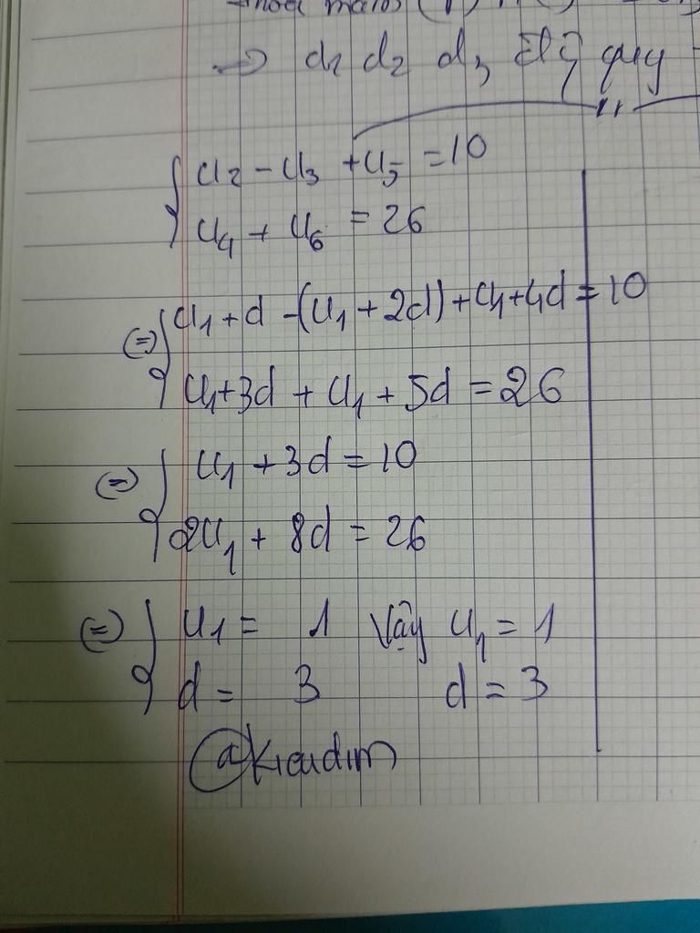 Cho cấp số cộng (un) thỏa mãn u2 - u3 + u5 = 10 và u4 + u6 = 26. Tìm u1 và công sai của cấp số ...