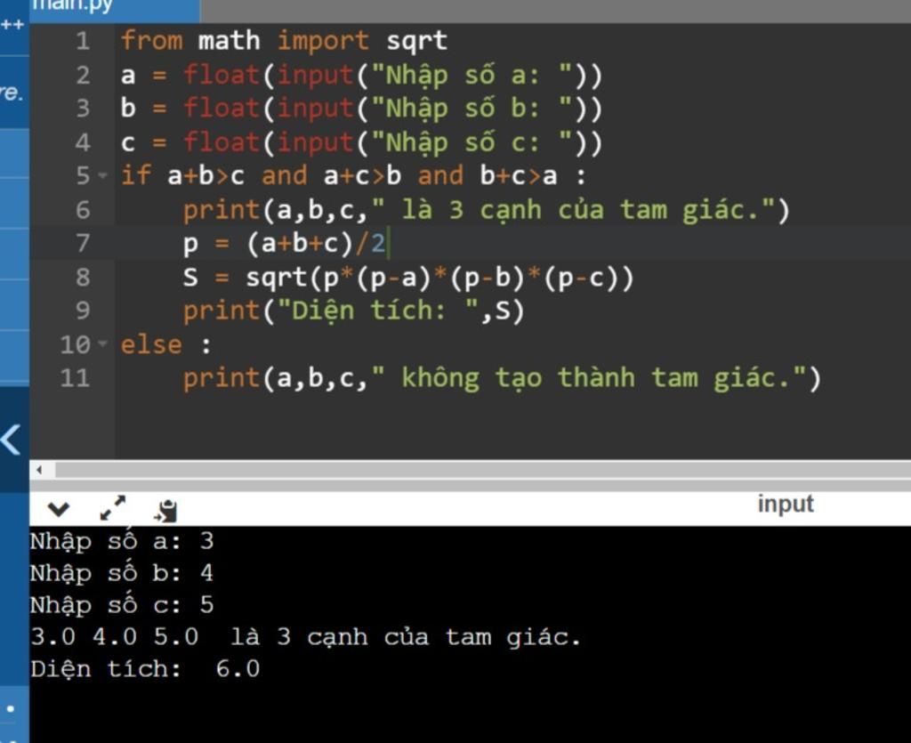 viết chương trình Python nhập vào từ bàn phím 3 số thực. Kiểm tra 3 số ...