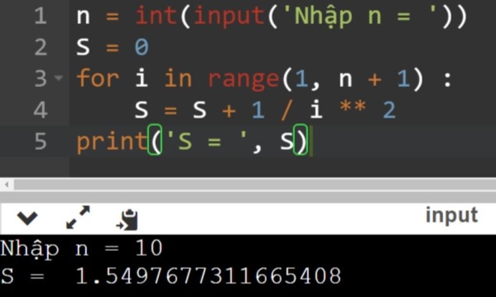 Câu 2: Viết chương trình tính và in kết quả ra màn hình tổng sau S= 1 ...