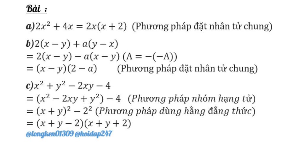 Phân tích các đa thức sau thành nhân tử. a) 2x2 + 4x b) 2(x - y) + a(y ...
