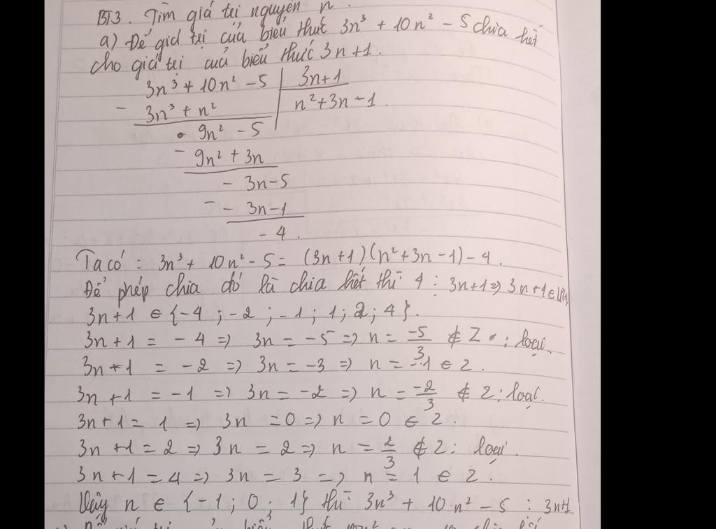 Tìm giá trị nguyên n để giá trị của biểu thức 3n^3+10n^2-5 chia hết cho ...