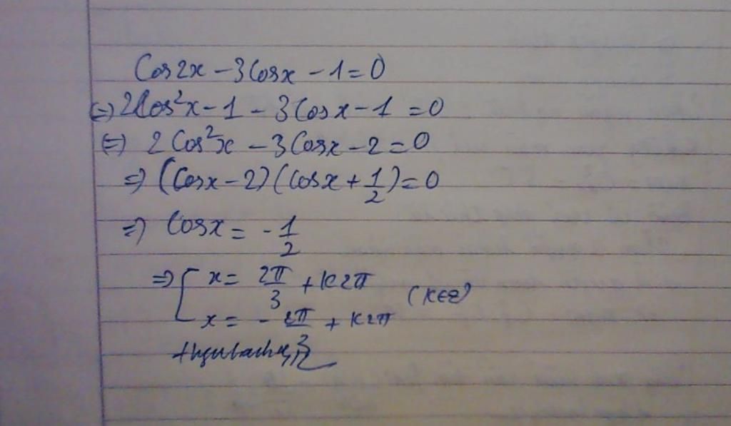 Giải giúp mình phương trình này với ạ: Cos2x - 3Cosx - 1 = 0B. TỰ LUẬN ...