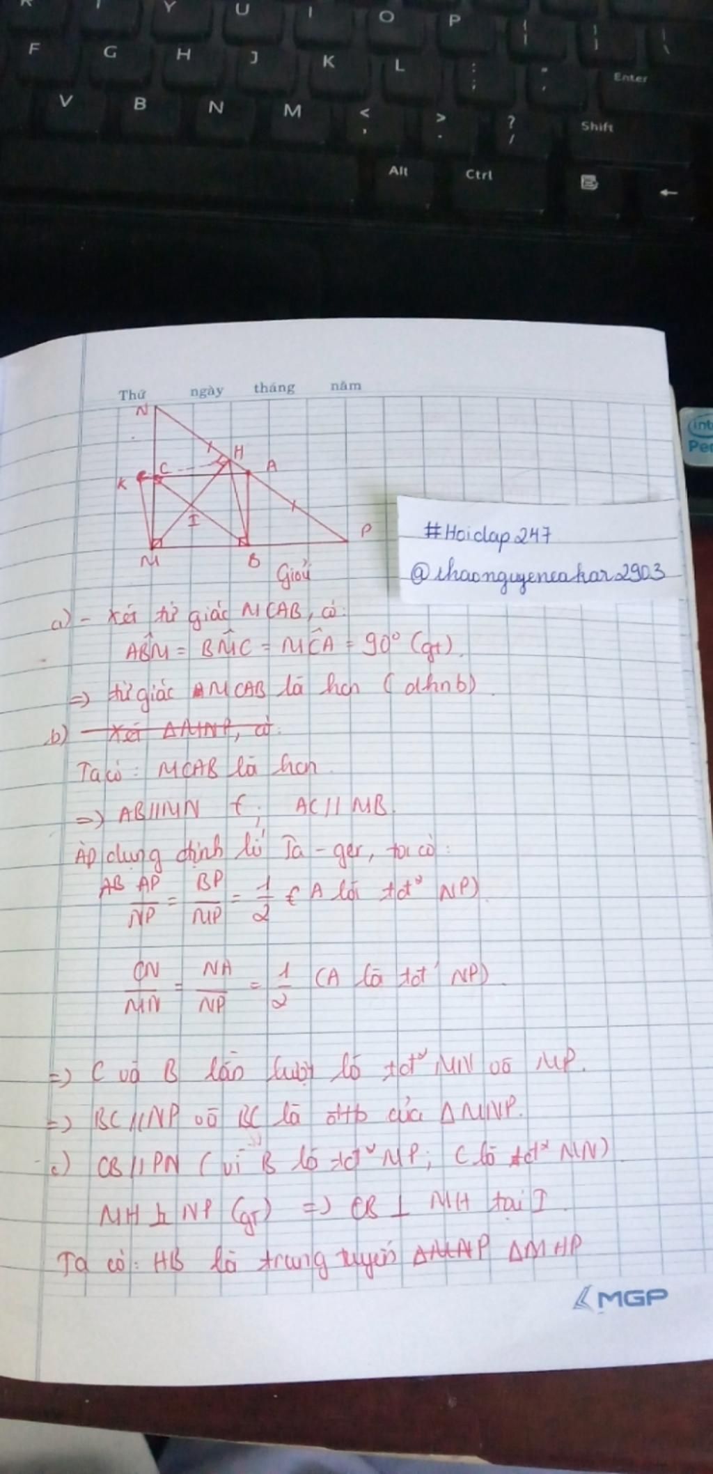 Cho tam giác MNP vuông tại M. Gọi A là trung điểm PN. Vẽ AB vuông với MP, vẽ AC vuông MN a, CM ...