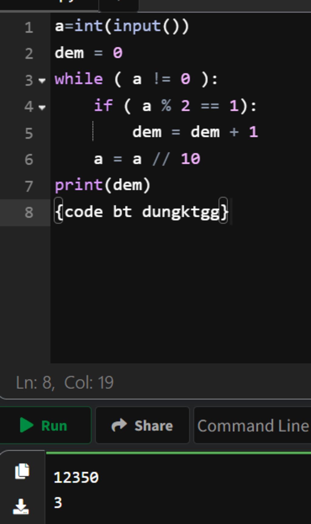 trên python Cho số nguyên dương . Hãy đếm số lượng chữ số lẻ có trong ...
