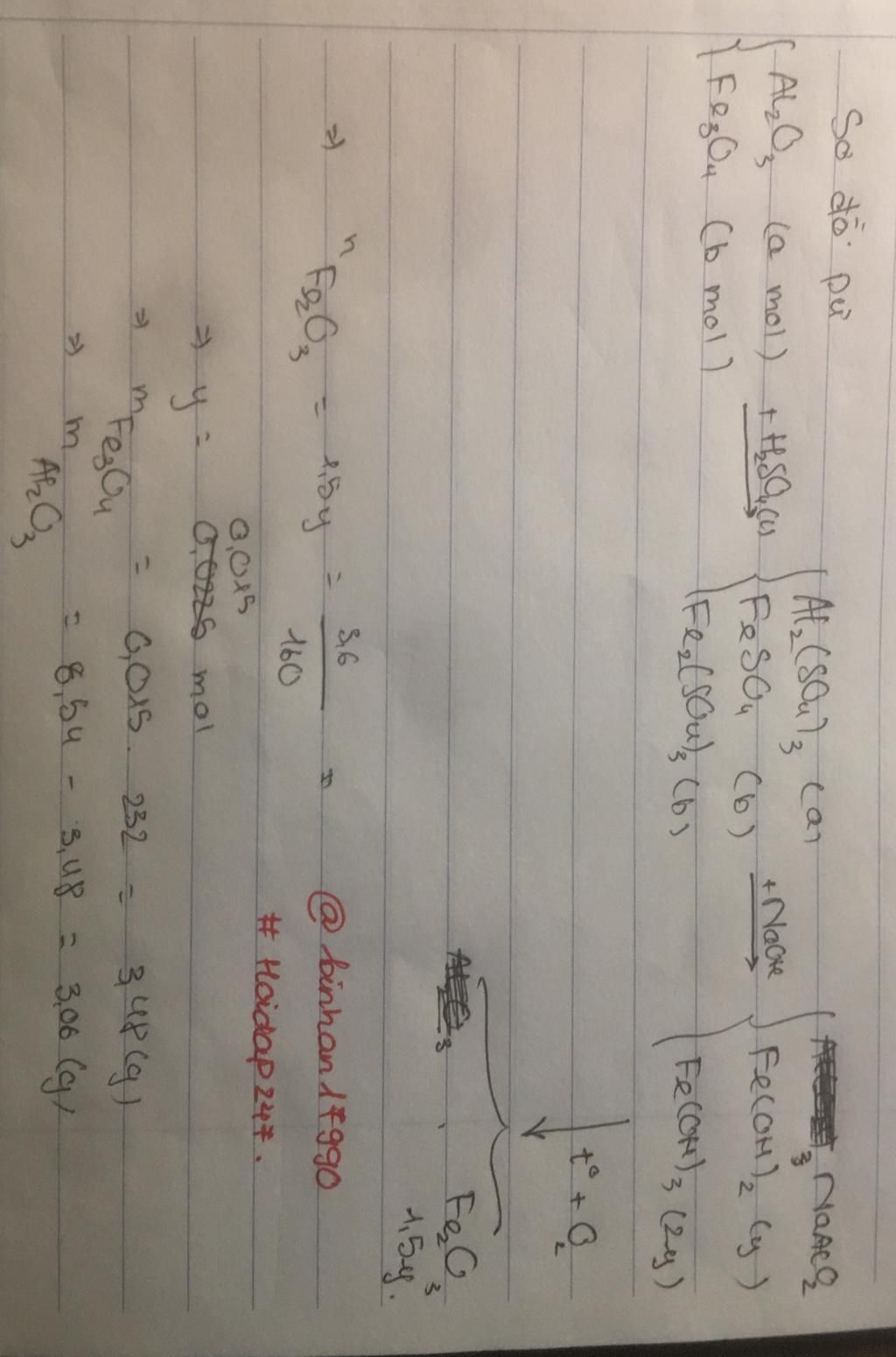 hòa tan hoàn toàn hỗn hợp M có khối lượng 6.54(g) gồm Al2O3 và Fe3O4 bằng dung dịch H2SO4 loãng ...