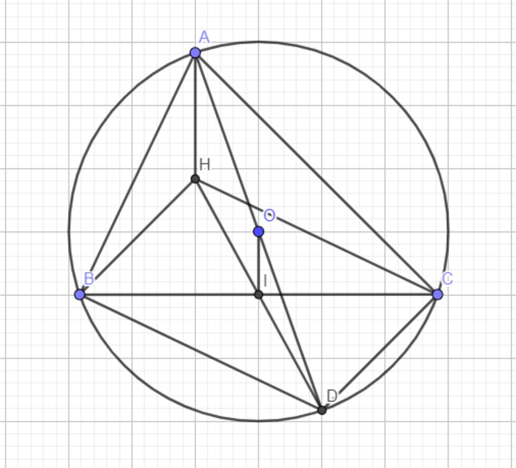 Bài `7`: `Delta` `ABC` nội tiếp `(O)`, trực tâm `H` nằm trong `Delta ...