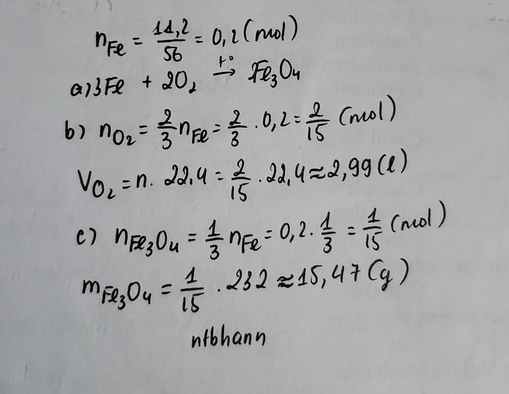 Đốt cháy 11,2 gam sắt trong bình chứa khí Oxi ở điều kiện tiêu chuẩn. Sau phản ứng thu được oxit ...