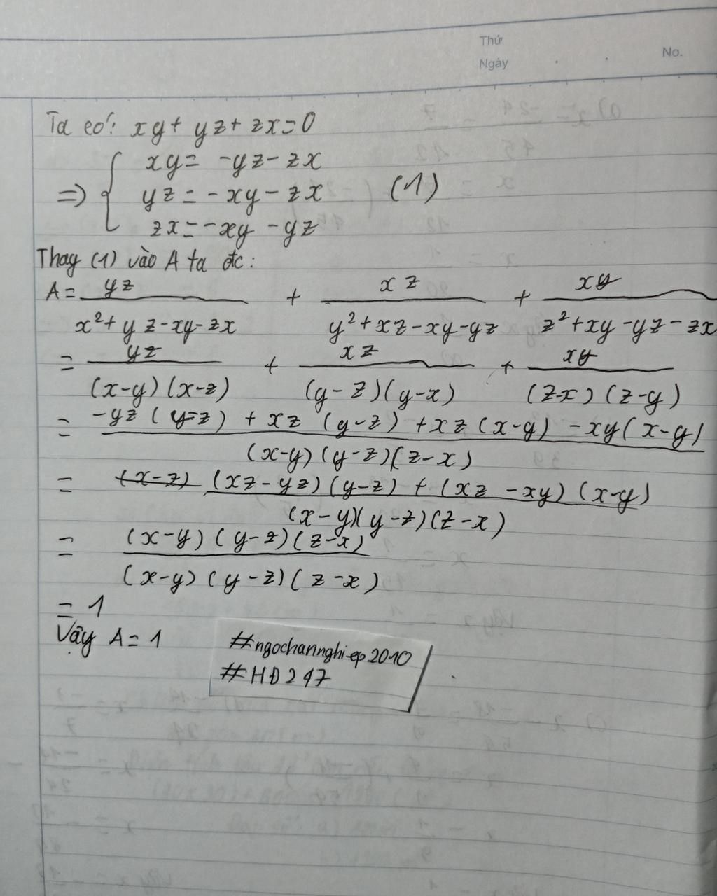 Cho `xy+yz+zx=0` Tính `A=(yz)/(x^2+2yz)+(xz)/(y^2+2xz)+(xy)/(z^2+2xy)` câu hỏi 5573381 ...