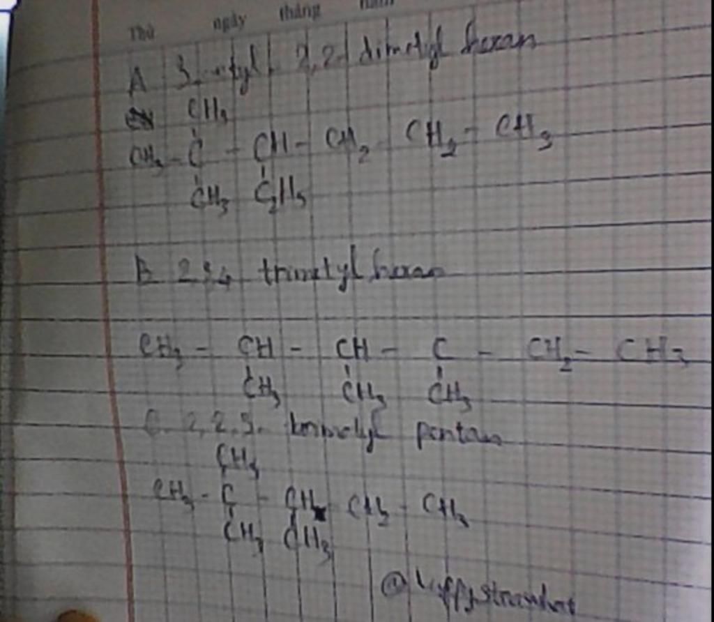 Viết công thức cấu tạo của các tên gọi sau A,3-etyl-2,2-dimetyl hexan B ...