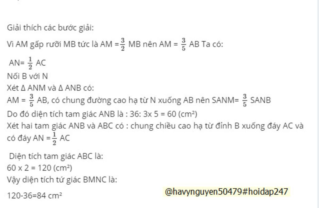 Cho tam giác ABC. Trên cạnh AB lấy điểm M sao cho AM gấp rưỡi MB, trêm cạnh AC lấy điểm N sao ...
