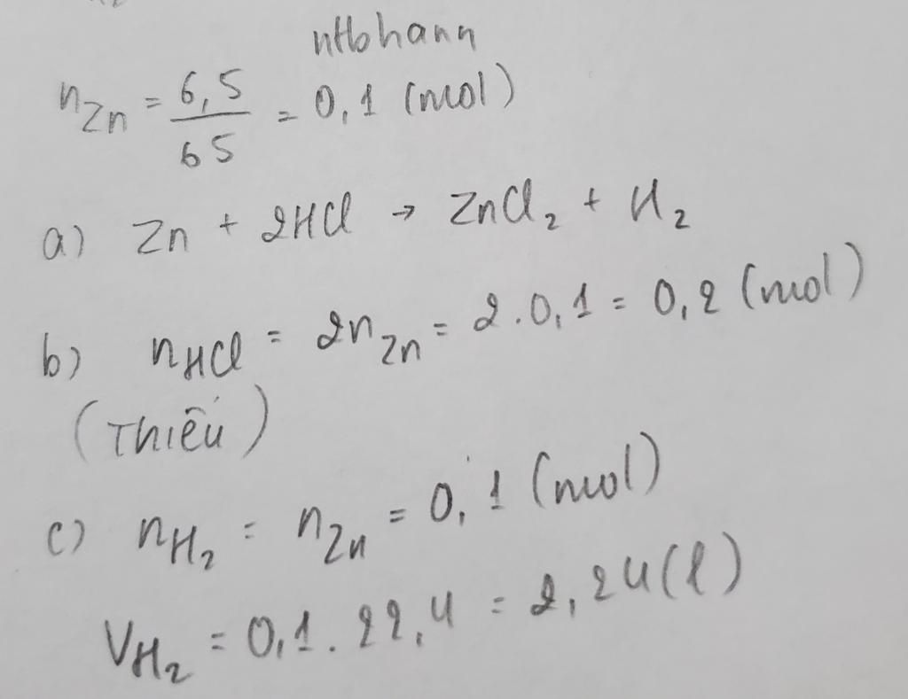 Hòa tan hoàn toàn 6,5g Zn vào dd HCL a) Viết PTHH b) Tính thể tích dd ...