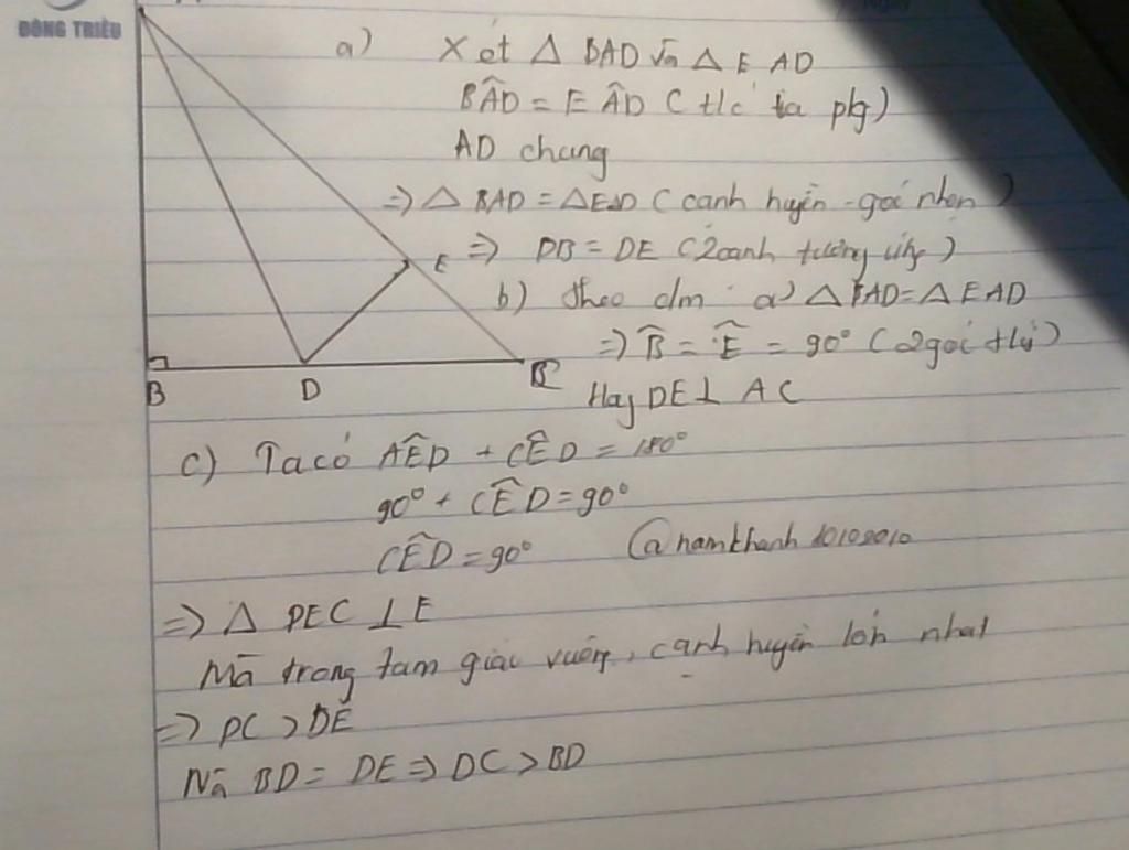 Cho tam giác ABC vuông tại B, AD là tia phân giác của góc A , D thuộc BC .Trên cạnh AC lấy điểm ...