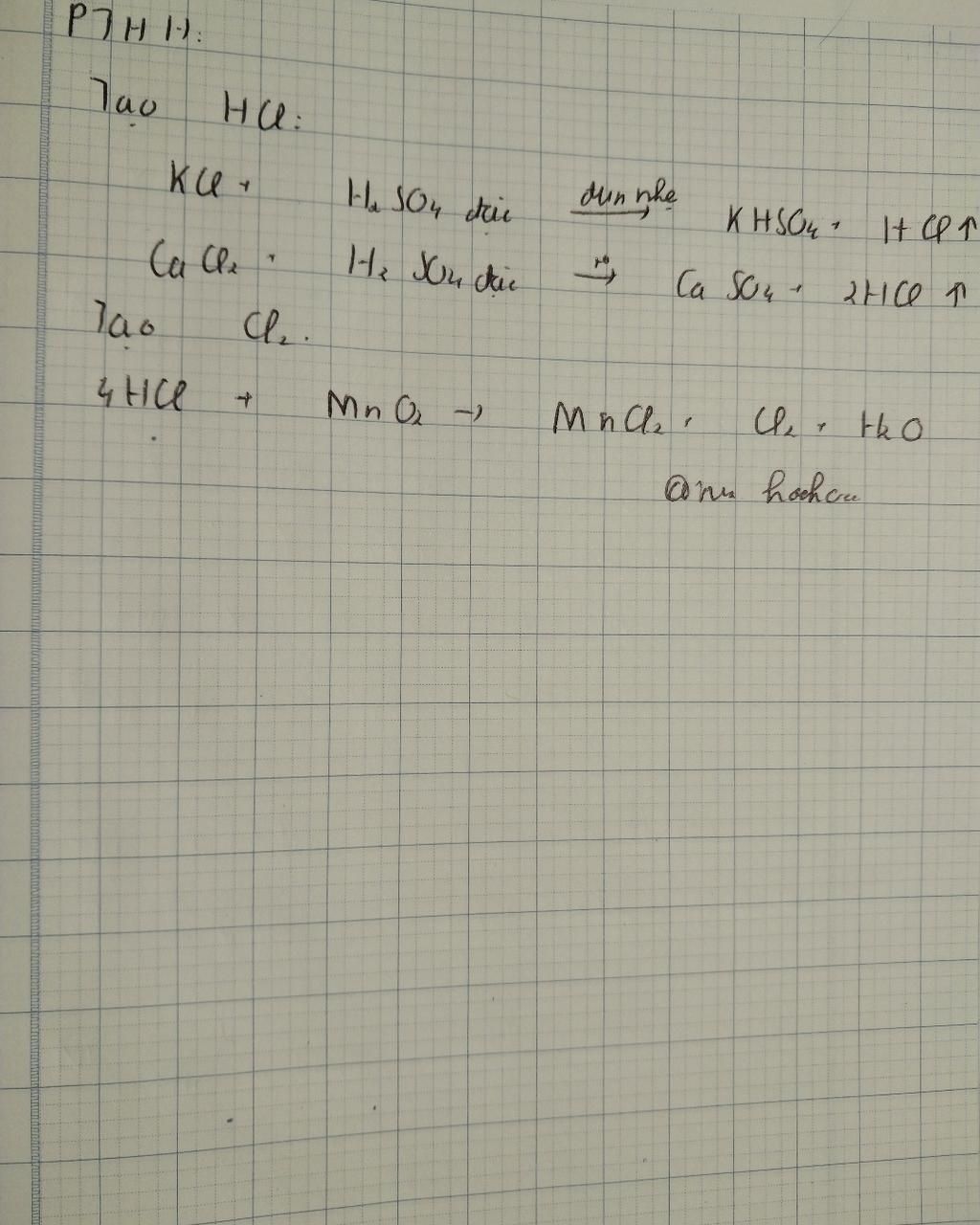 Cho các chất sau đây KCl CaCl2 MnO2 H2SO4 đặc viết pthhh tạo HCl và Cl2 ...