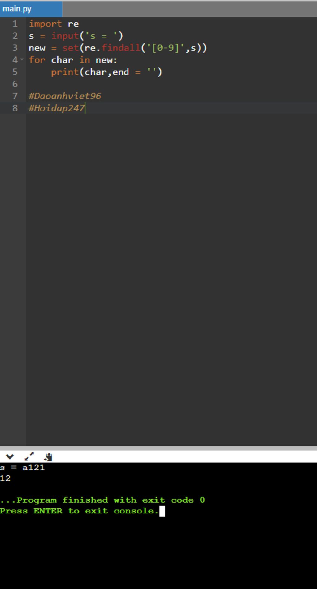 Viết CT, cho 1 xâu kí tự S . Hãy in ra xâu mới chứa các số không trùng ...