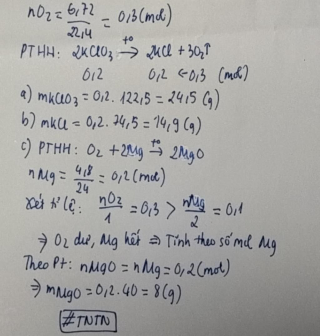 nhiệt phân hoàn toàn kali clorat (kclo3) thu được kali clorua ( kcl) và ...