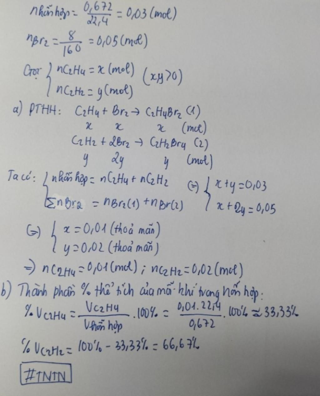 . Cho 0,672 lít (đktc) hỗn hợp khí gồm C2H4, C2H2 tác dụng hết với dung dịch brom dư, khối lượng ...