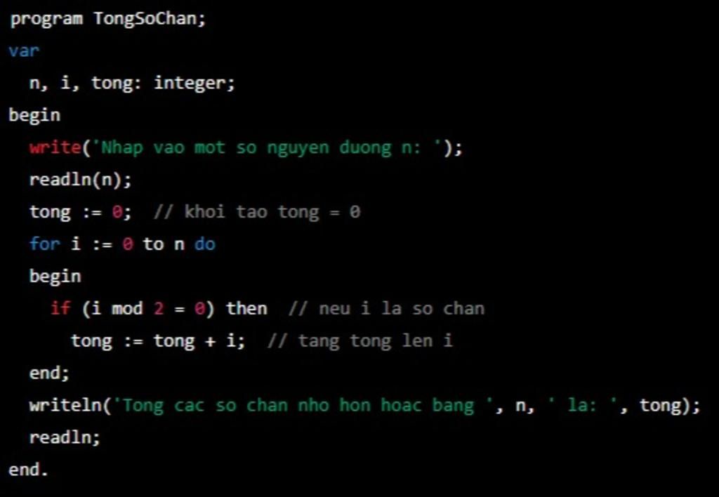 Viết chương trình viết tổng các số chẵn nhỏ hơn hoặc bằng n. Biết rằng ...