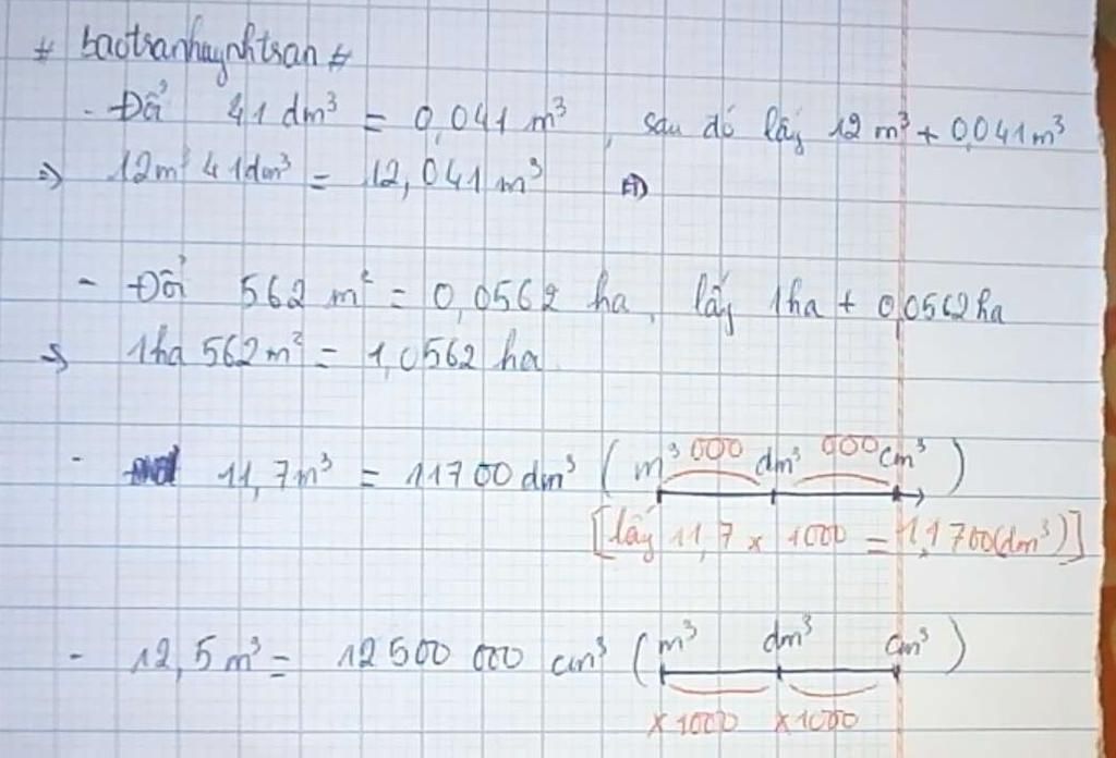 12m3 41dm3 =? m3. 1ha 562m2 =? ha 11,7m3 = ? dm3. 12,5m3 = ? cm3 câu ...