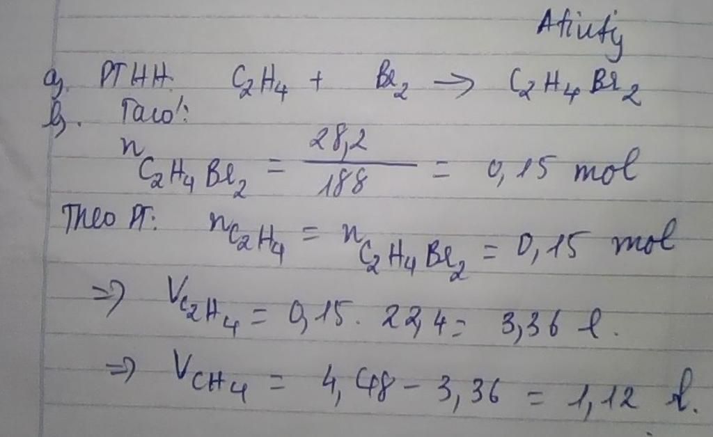 Cho 4,48 lít hỗn hợp CH4 và C2H4 sục vào dung dịch nước brom dư thu ...