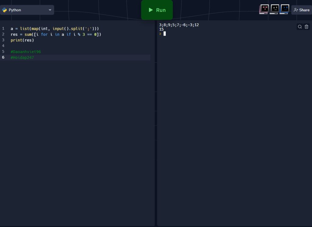 Viết chương trình python nhập vào 1 xâu chứa các số nguyên cách nhau ...
