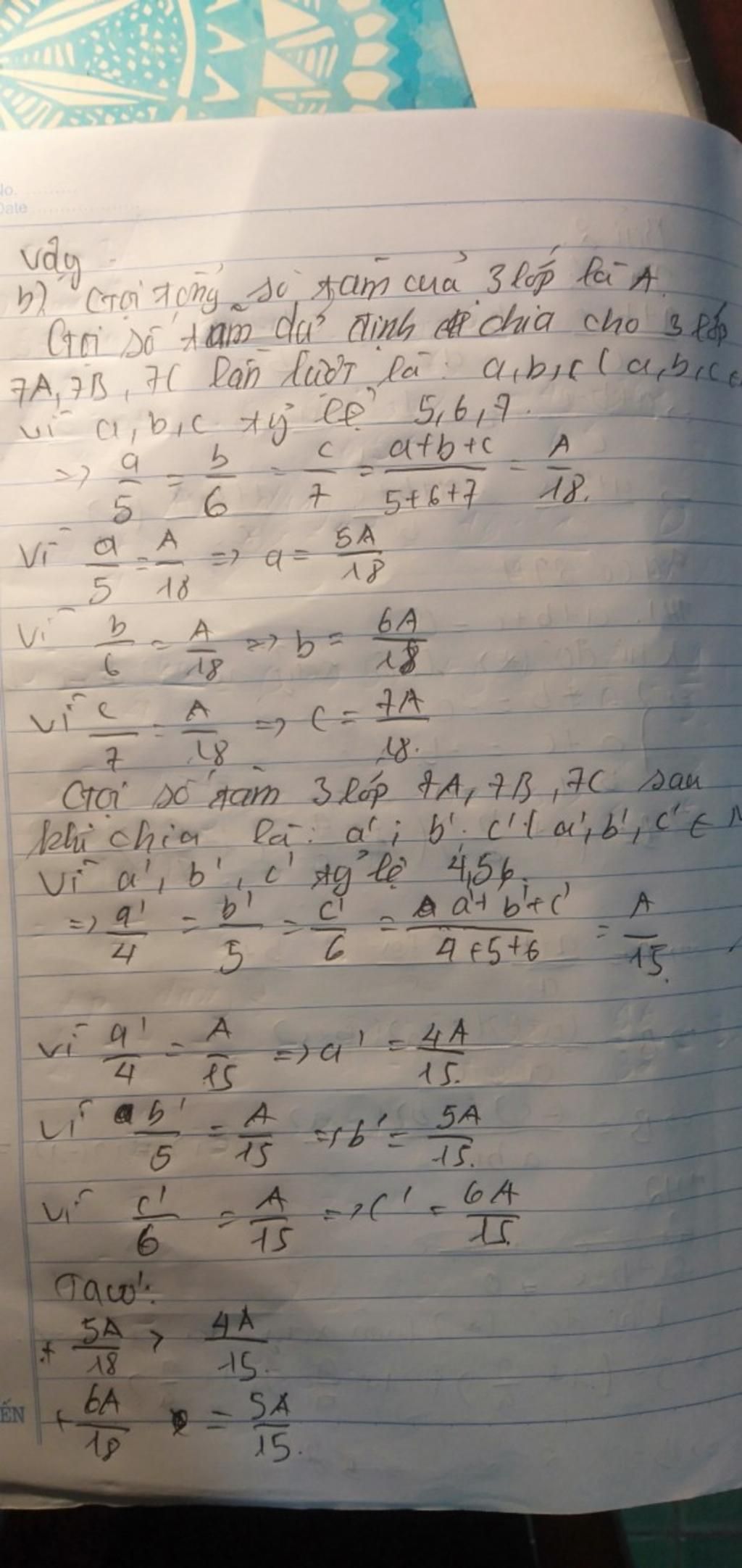 Ba lớp 7A, 7B, 7C cùng mua một số gói tăm từ thiện, lúc đầu số gói tăm ...