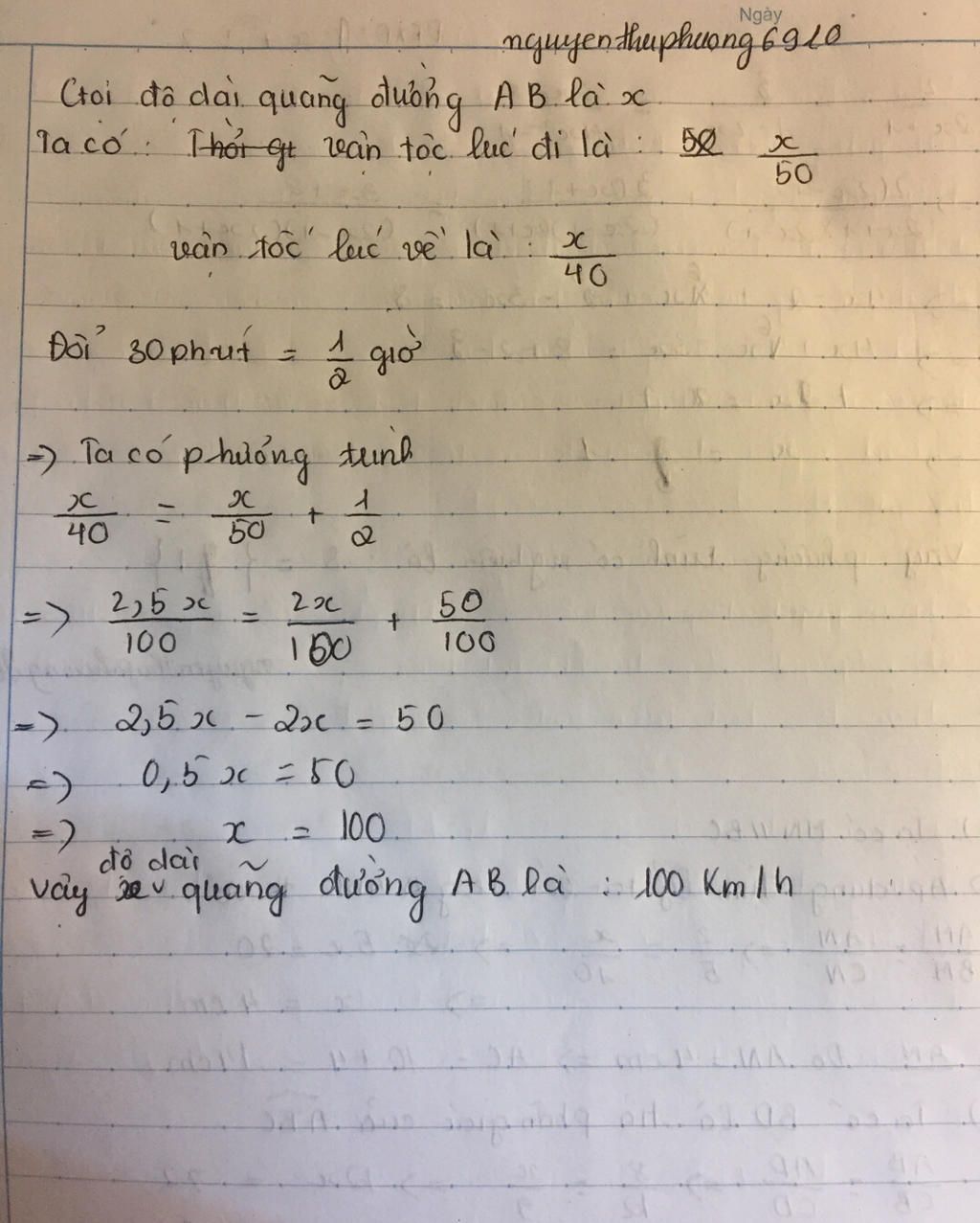 một xe máy đi từ A-B với vận tốc TB 50km/h khi về người đó đi với vận tốc TB là 40km/h do đó ...