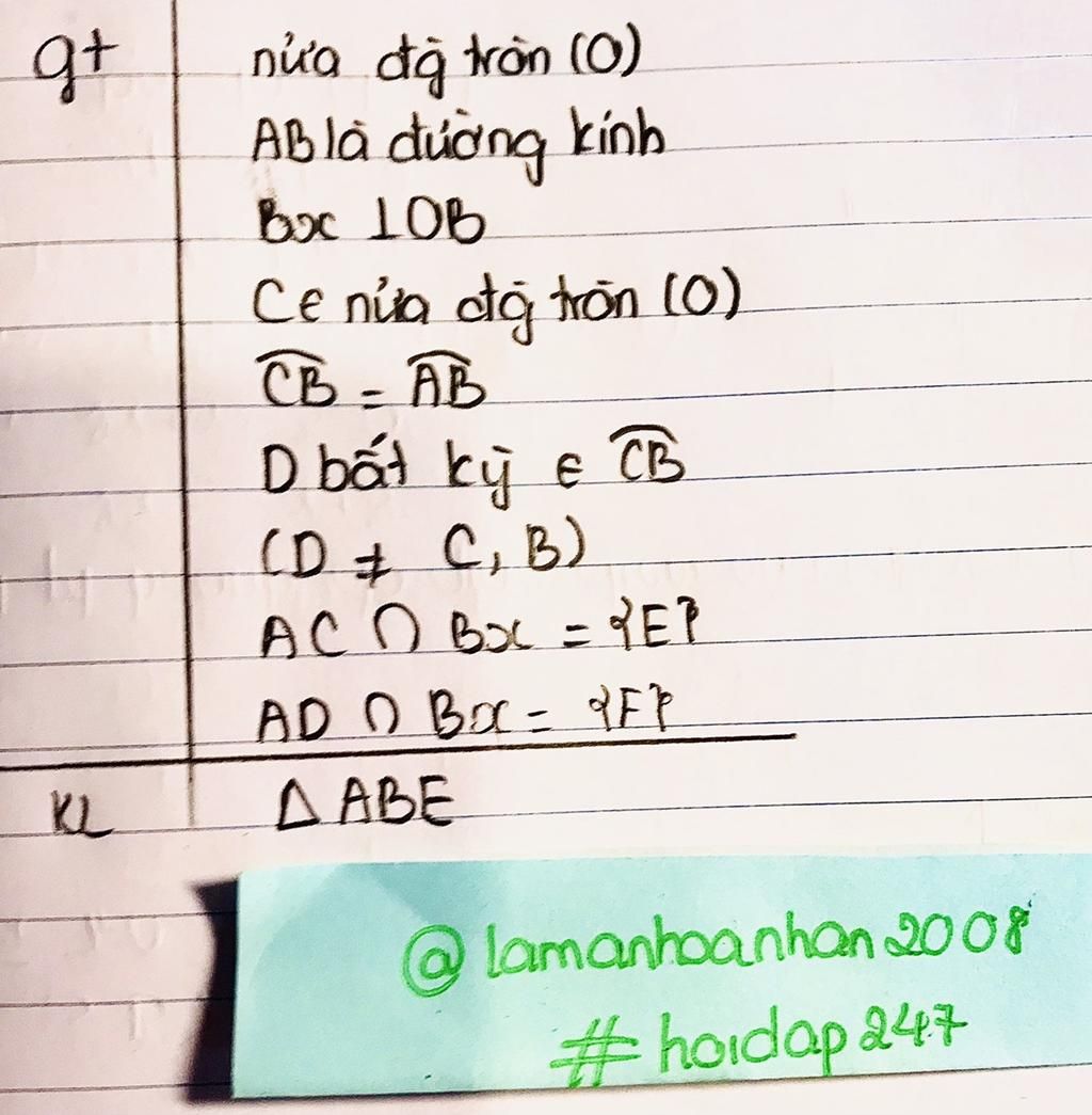 Cho nửa đường tròn tâm O, đường kính AB, Kẻ tiếp tuyến Bx với nửa đường tròn. Lấy C thuộc nửa ...