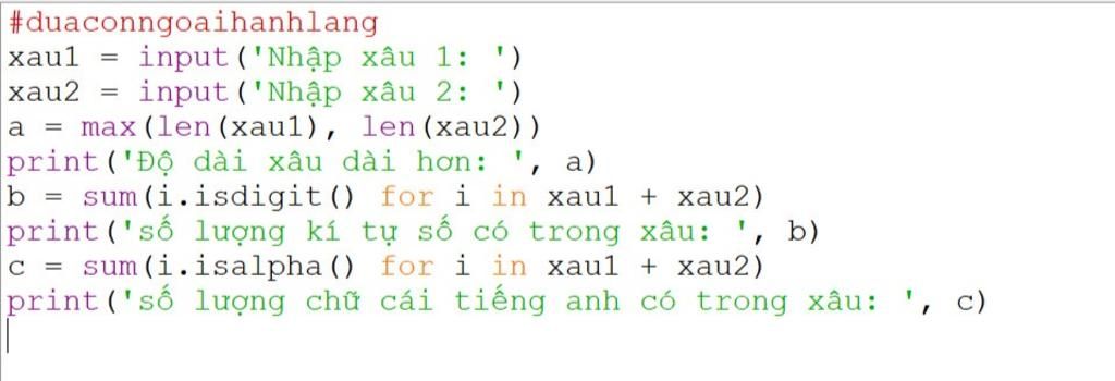 Viết chương trình nhập vào hai xâu từ bàn phím, đưa ra màn hình độ dài ...
