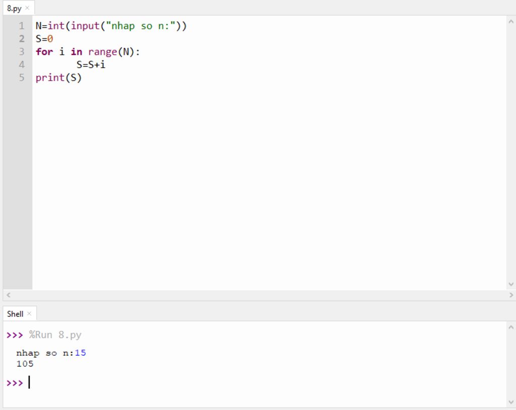 Để tính tổng 1+2+3+......+n người ta viết như sau: N=int(input("nhap so ...