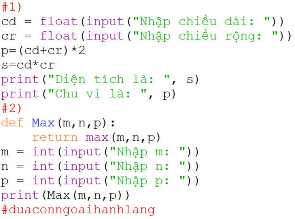 Viết theo ngôn ngữ Python 1) Viết chương trinh nhập 2 cạnh a, b của ...