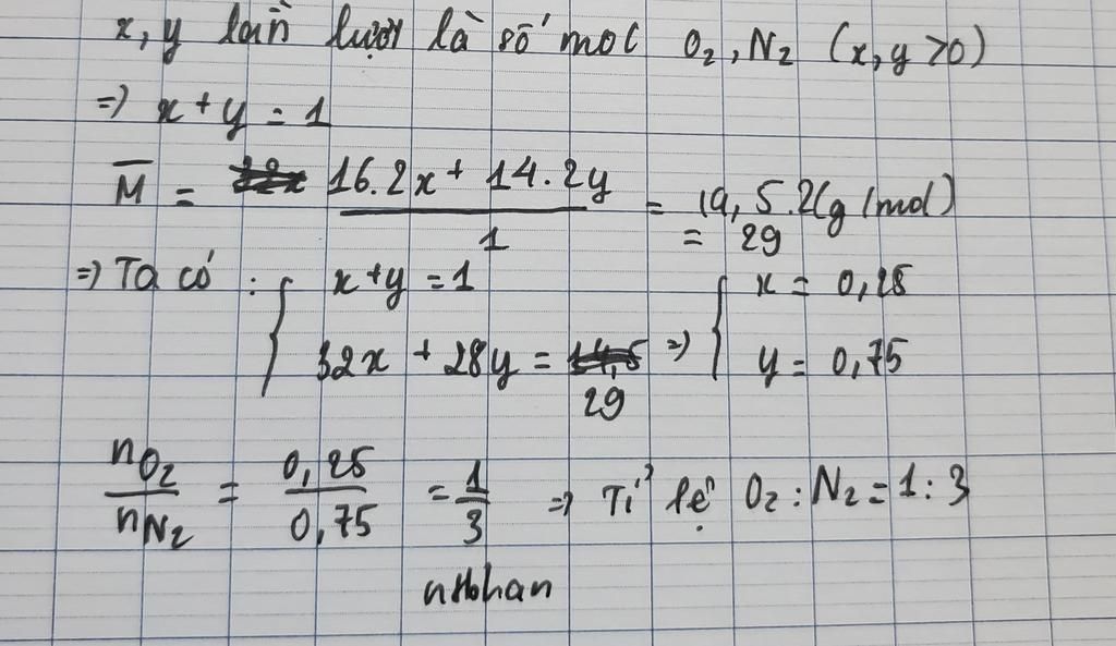Trộn tỉ lệ về thể tích khí O2 và khí N2 (đo ở cùng điều kiện) như thế ...