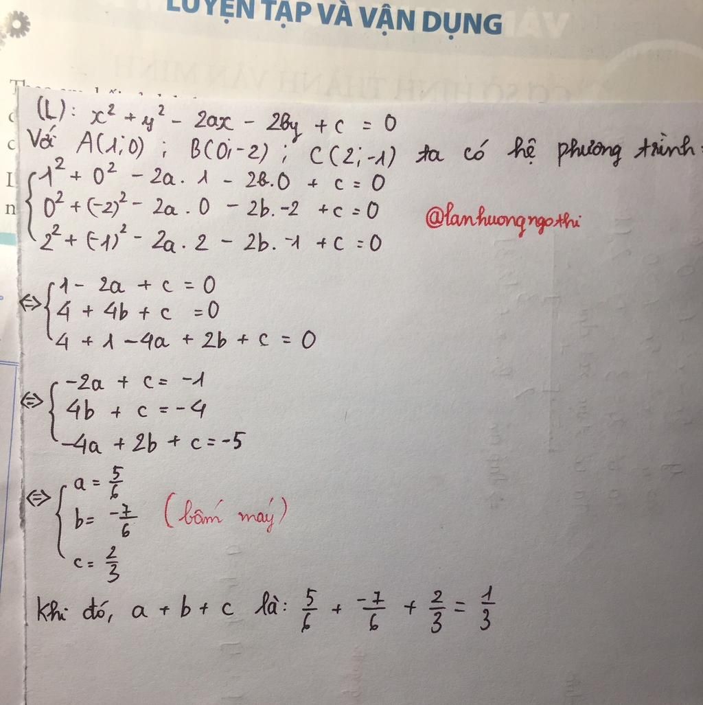 Cho đường tròn(L) x^2+y^2-2ax-2by+c=0 ngoại tiếp tam giác ABC A (1; 0 ...