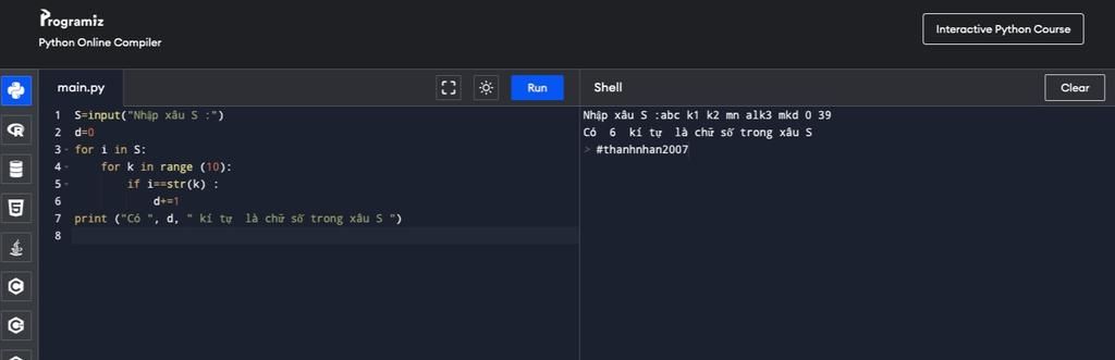 Câu 3. Viết chương trình nhập vào xâu S, đếm số các kí tự là chữ số ...