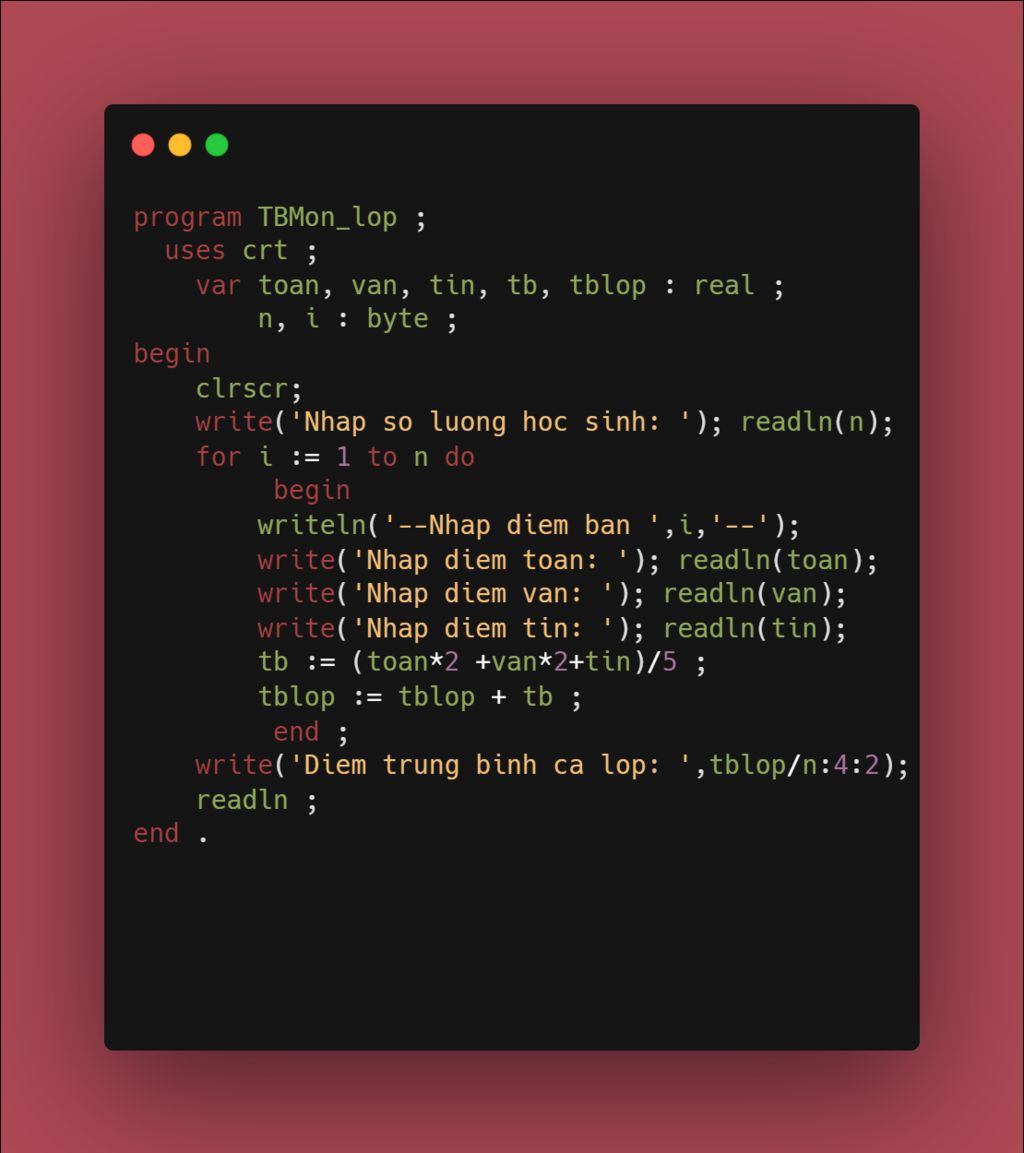 Em hãy viết chương trình Pascal theo yêu cầu a: Nhập vào điểm của 3 môn ...