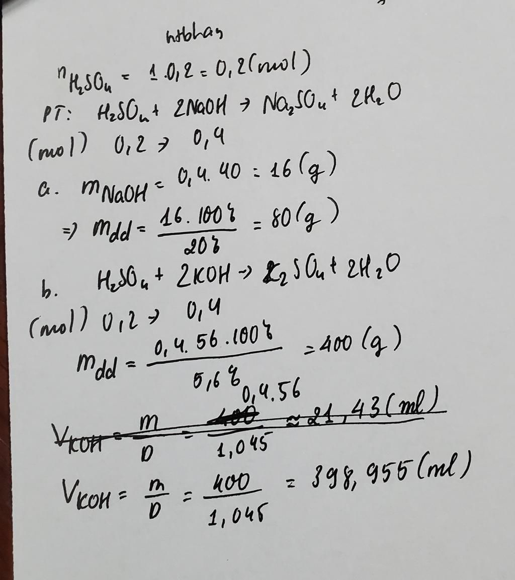 Hòa tan 200ml dd H2SO4 1M bằng dd NaOH 20%. a. Tính KL dd NaOH đã dung ...