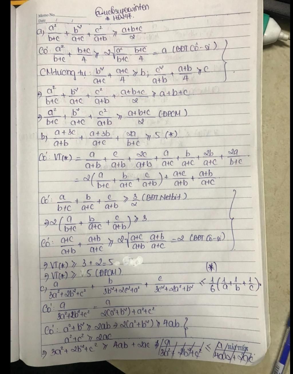 Cho `a,b,c>0`. CMR: `a, a^2/{b+c}+b^2/{c+a}+c^2/{a+b}>={a+b+c}/2` `b ...