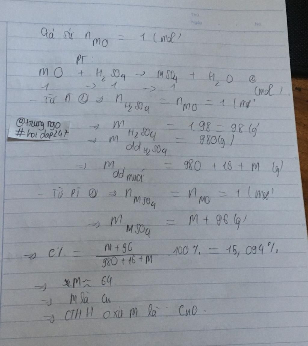 Hòa tan hoàn toàn một oxit kim loại M ( hóa trị II ) vào lượng vừa đủ dung dịch H2SO4 10% tạo ...