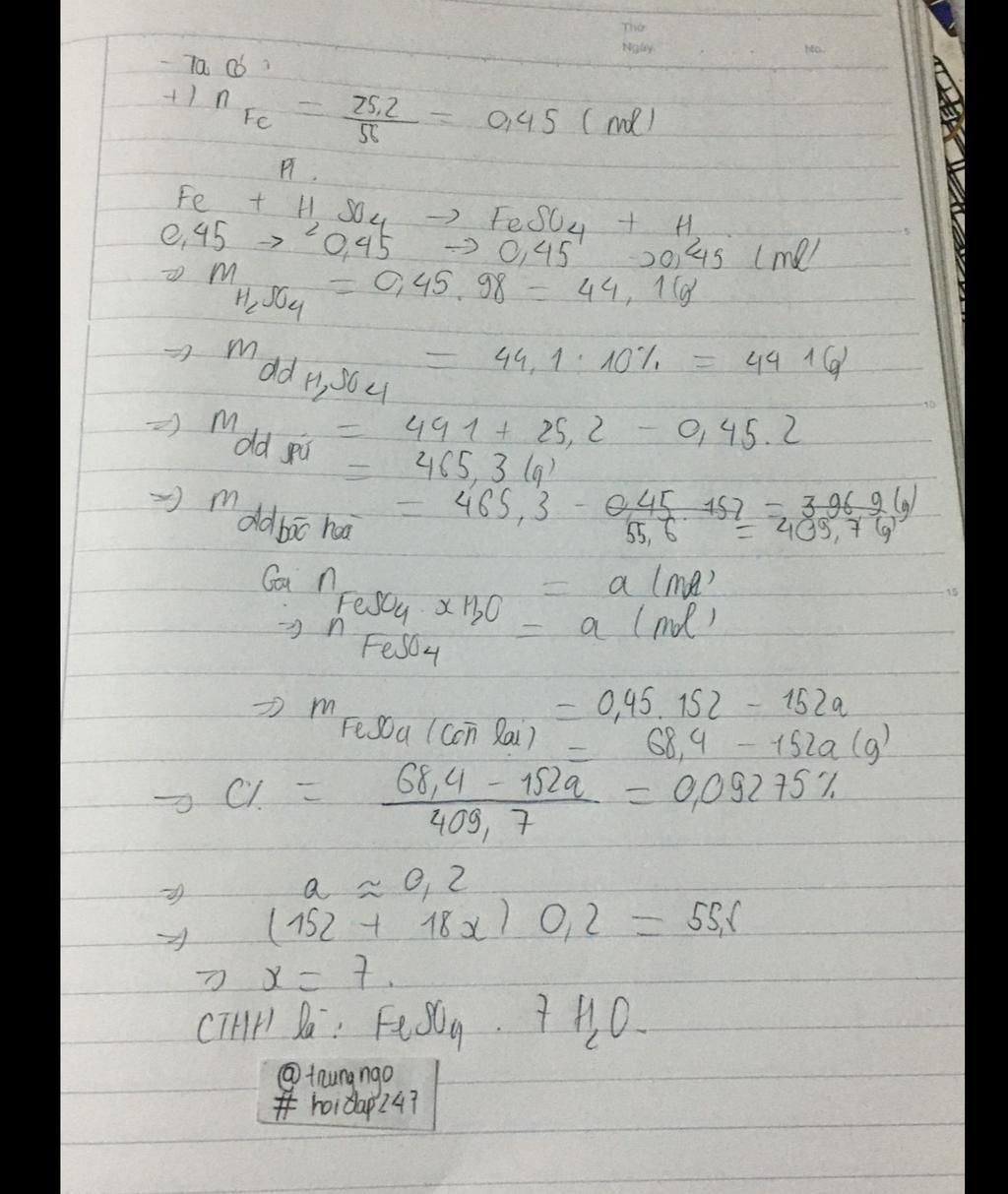 Cho 25,2g kim loại sắt td hoàn toàn với dd H2SO4 loãng 10% vừa đủ, kết ...