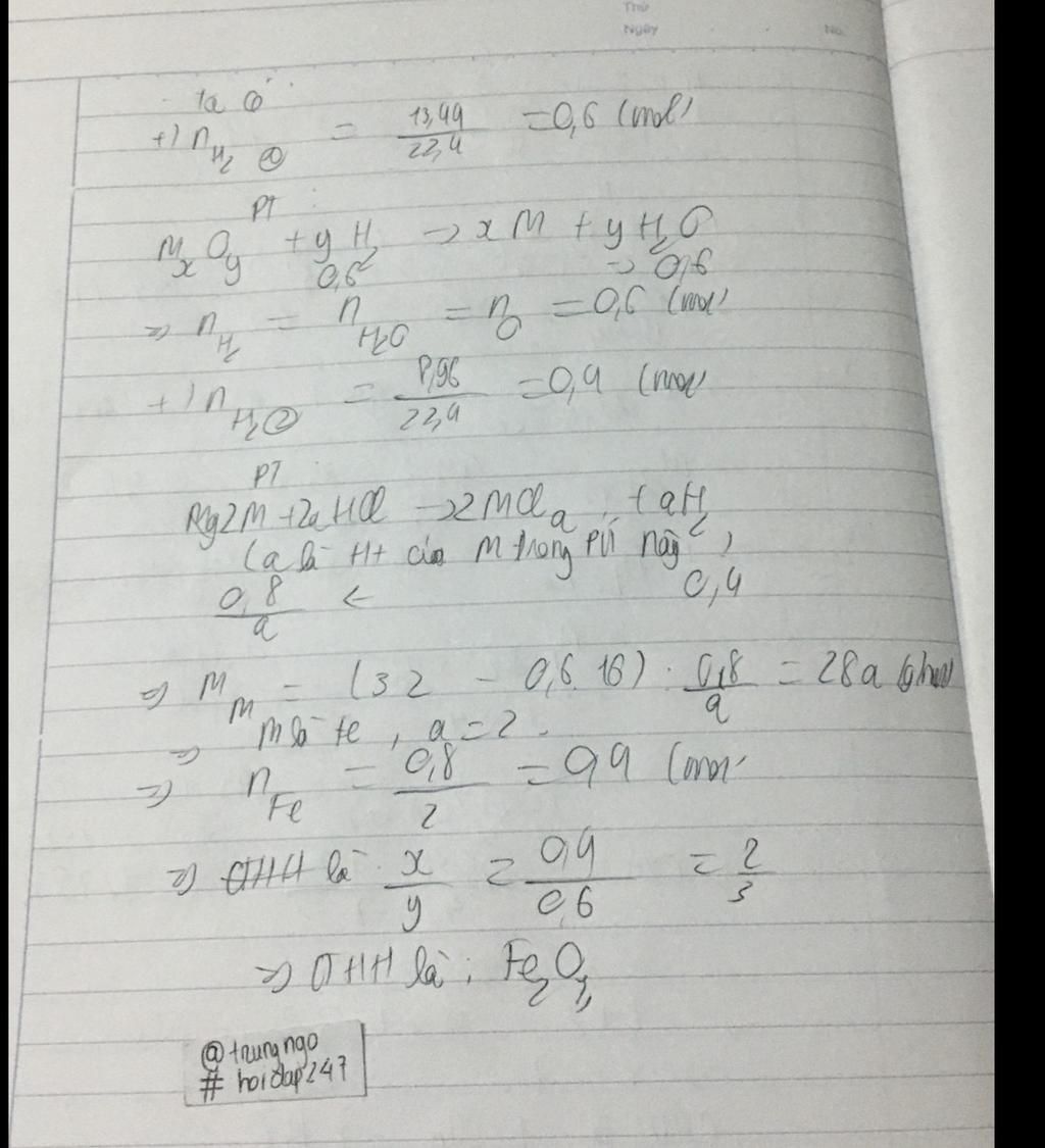 Khử hoàn toàn 32 g một oxit kim loại M cần dùng tới 13,44 lít H2(đktc). Cho toàn bộ kim loại thu ...