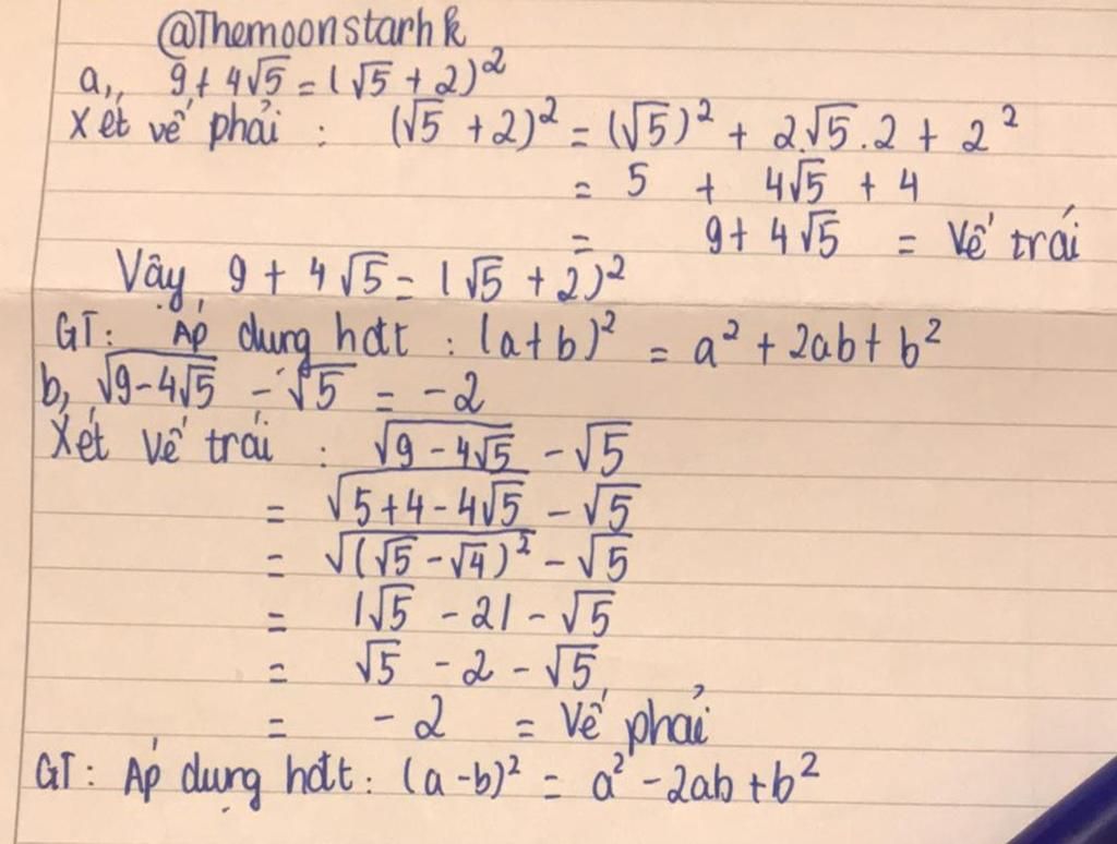 Chứng minh rằng: a) `9+4 \sqrt{5}=(\sqrt{5}+2)^{2}` b) `\sqrt{9-4 \sqrt ...